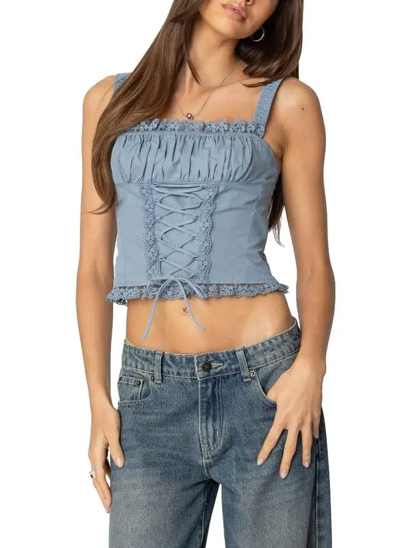 EDIKTED Juliet Lace-up Corset Top - Light-blue