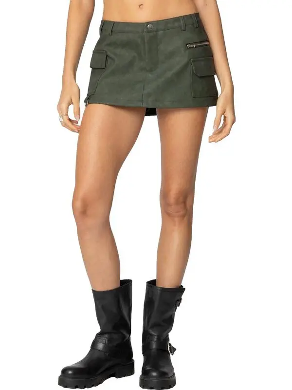 EDIKTED Low Rise Faux Leather Cargo Skort - Olive