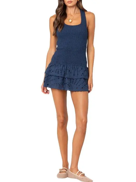 EDIKTED Smocked Cotton Eyelet Minidress - Navy