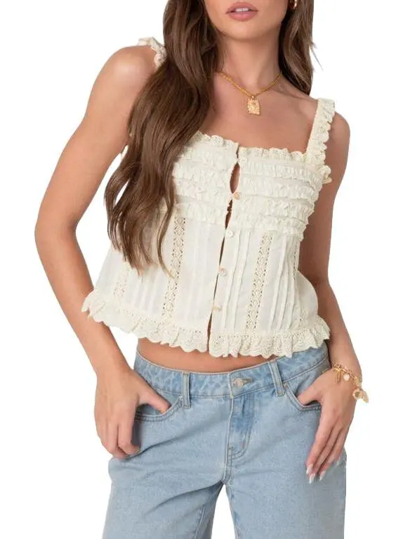EDIKTED Hera Ruffle Cotton Button-up Top - Cream