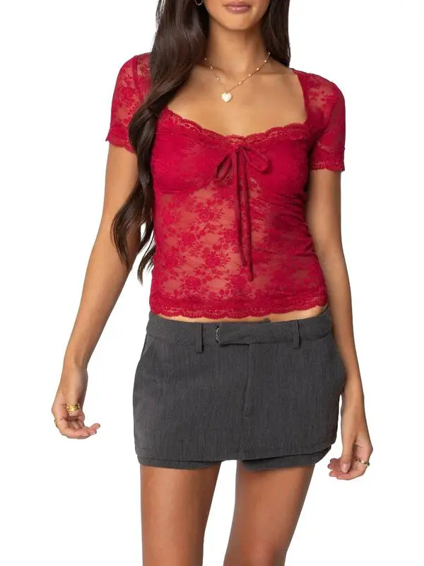 EDIKTED Roxana Semisheer Lace Top - Burgundy