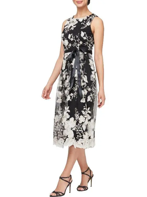 Alex Evenings Floral Embroidered Midi Dress - Black/ Chai