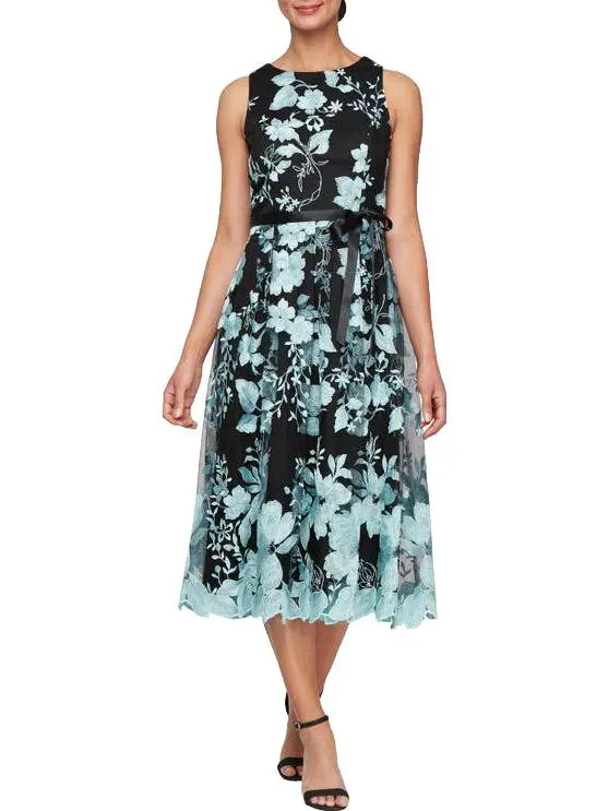 Alex Evenings Floral Embroidered Midi Dress - Black/ Seafoam