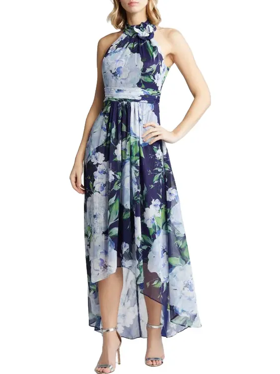 Eliza J Floral Chiffon High-low Midi Dress - Navy