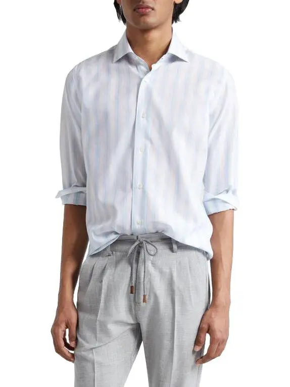 Eleventy Stripe Cotton & Linen Button-up Shirt - Baby Blue
