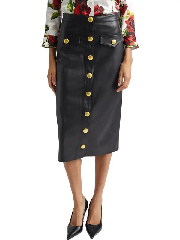 L'Agence Milann Faux Leather Midi Skirt - Black/gold