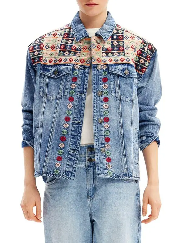 Desigual Embroidered Denim Trucker Jacket - Blue