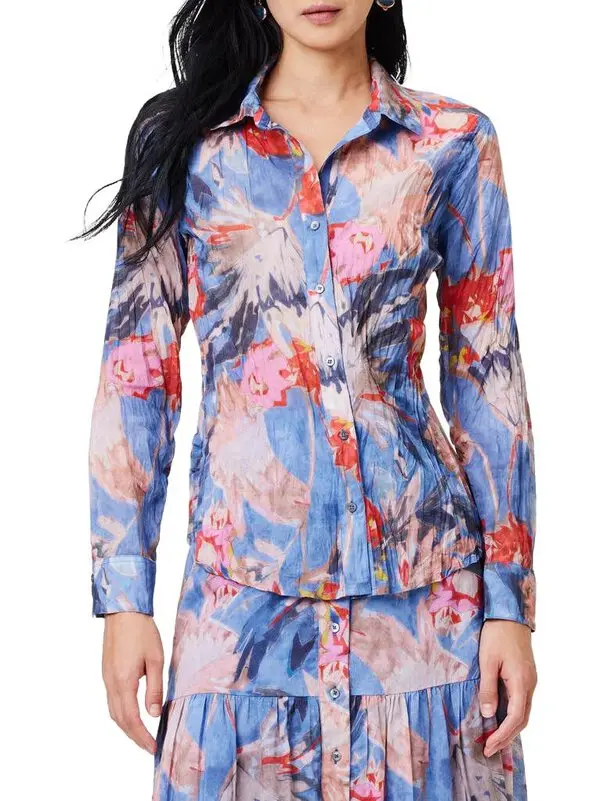 NIC+ZOE Dreamscape Crinkle Button-up Shirt - Blue Multi