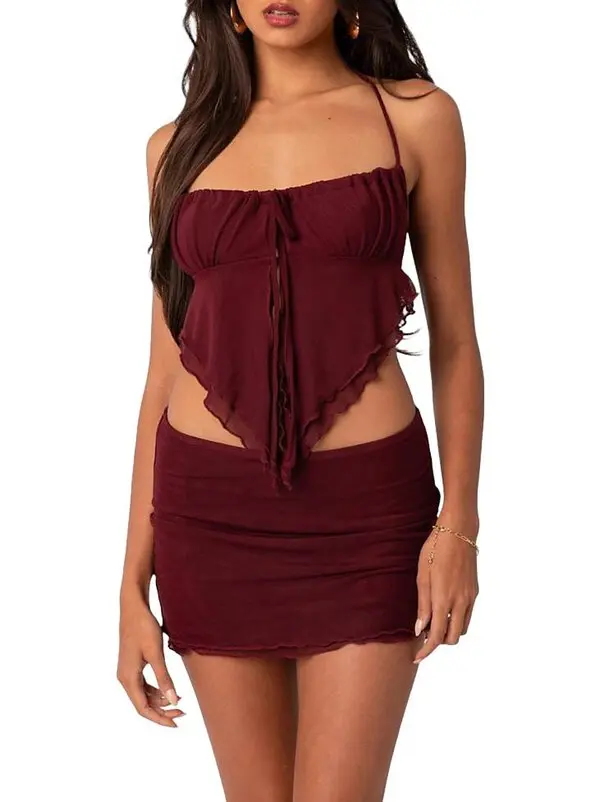 EDIKTED Ariyah Open Tie Back Ruffle Mesh Top - Burgundy