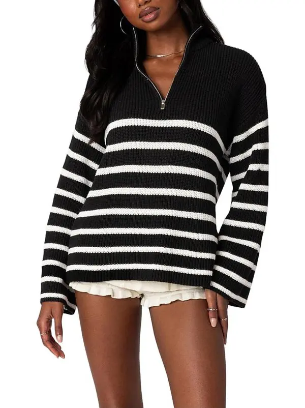 EDIKTED Oversized Quarter Zip Sweater - Black And White