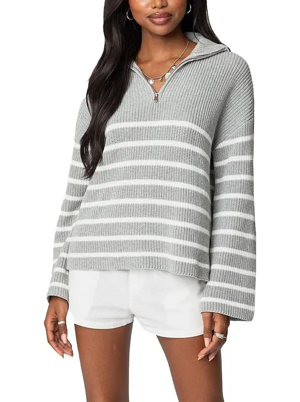 EDIKTED Oversized Quarter Zip Sweater - Gray Melange