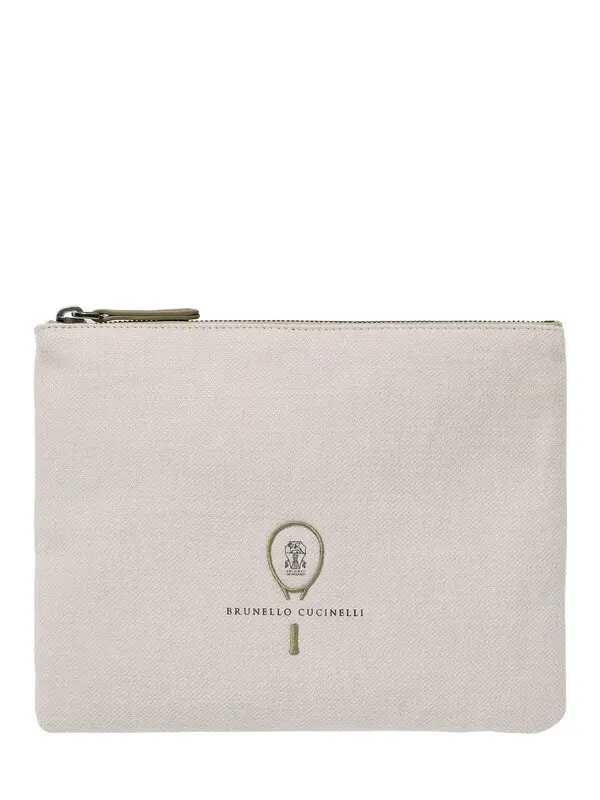Brunello Cucinelli Embroidered Cotton And Linen-blend Tweed Pouch - Neutrals