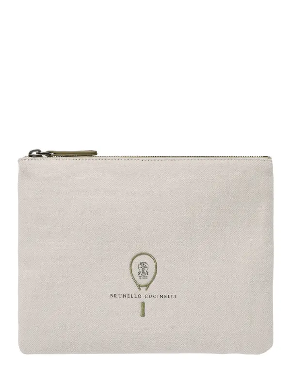 Brunello Cucinelli Embroidered Cotton And Linen-blend Tweed Pouch - Off-white