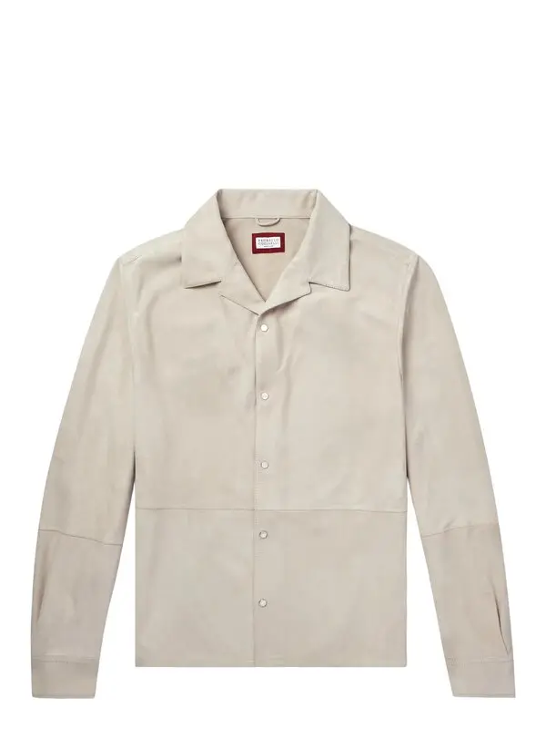 Brunello Cucinelli Camp-collar Suede Shirt - Neutrals