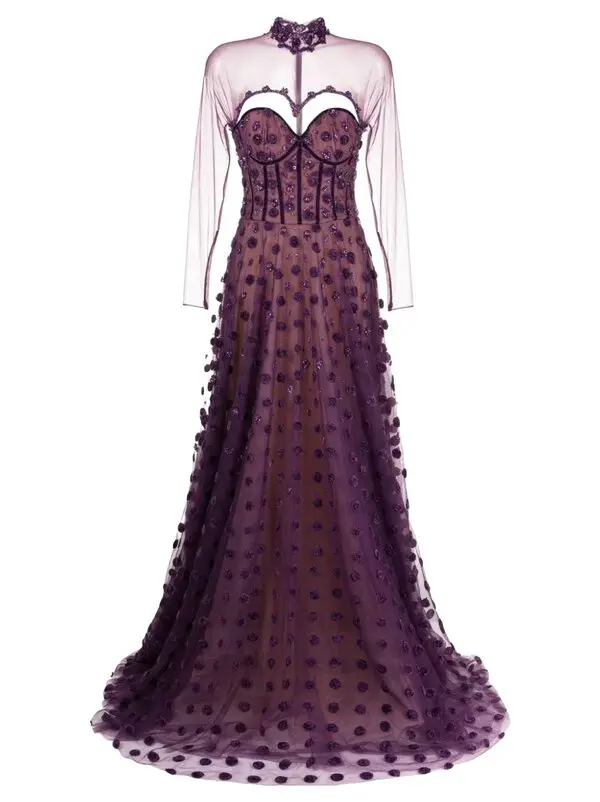 SAIID KOBEISY Polka Dot Beaded Tulle Gown - Purple