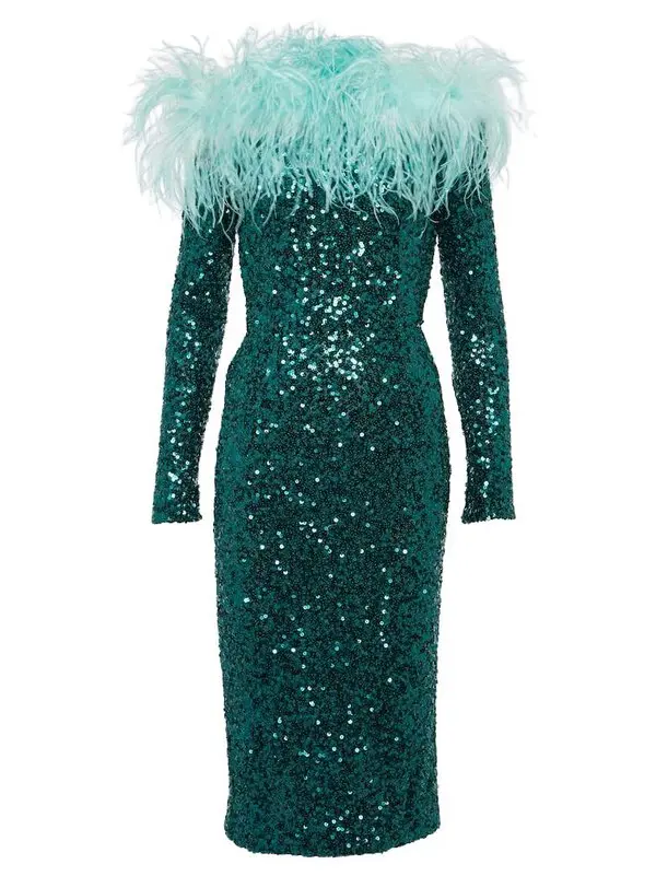 Dolce & Gabbana Feather-trimmed Sequined Midi Dress - Green