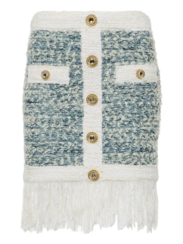 Balmain Fringed Denim Tweed Miniskirt - Blue