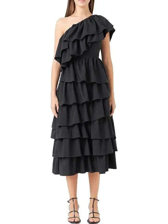 Endless Rose Ruffle One-shoulder Midi Dress - Black