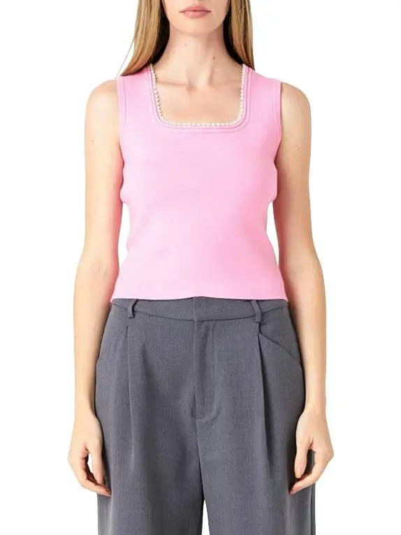 Endless Rose Imitation Pearl Trim Knit Tank - Pink