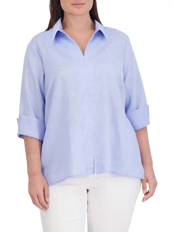 Foxcroft Agnes Three-quarter Sleeve Linen-blend Top - Powder Blu
