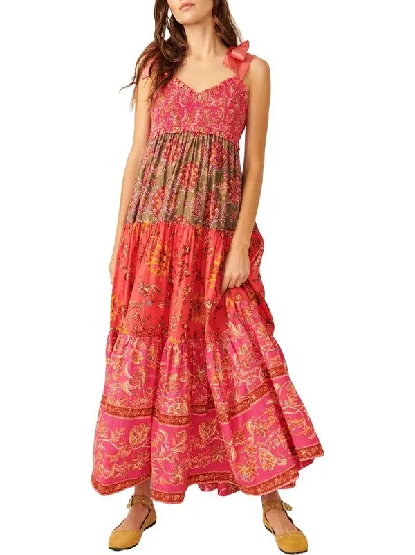 Free People Mixed Print Cotton Maxi Dress - Magenta Combo