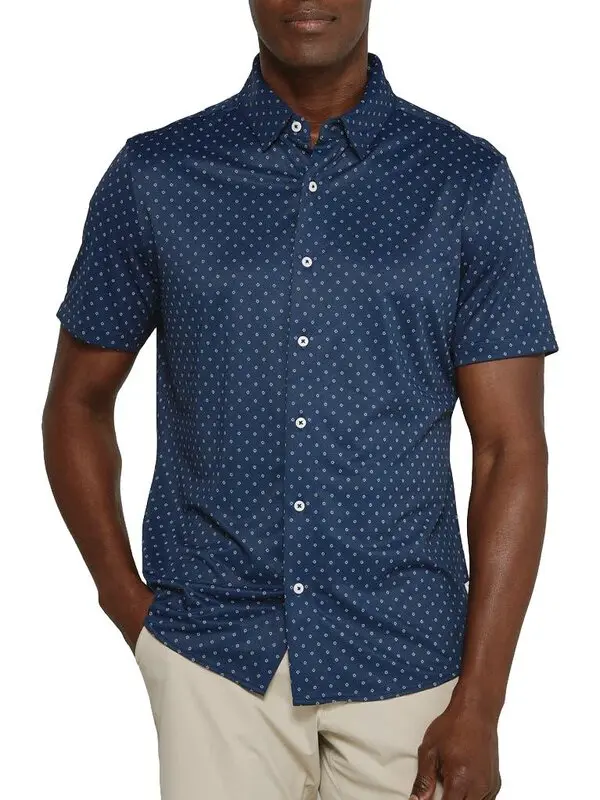 7 Diamonds Alfie Dot Print Short Sleeve Performance Button-up Shirt - Navy