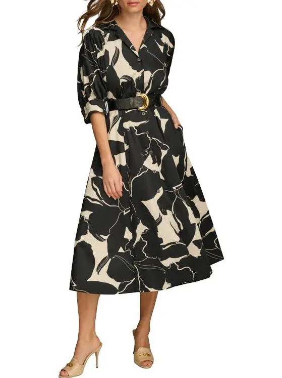 Donna Karan New York Floral Stretch Cotton Midi Shirt Dress - Black/parchment