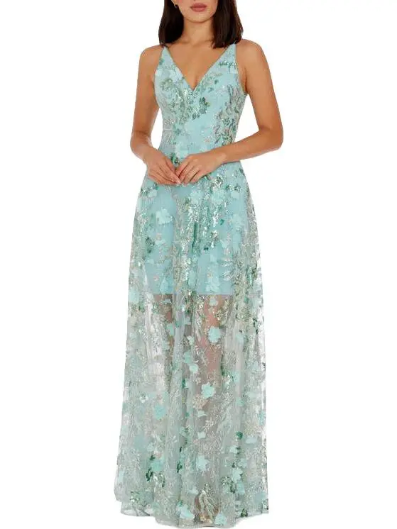 Dress The Population Sidney Beaded Floral Appliqué Gown - Seafoam Multi