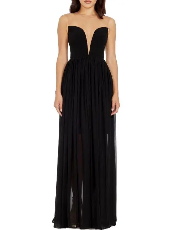 Dress The Population Eleanor Illusion Neck Gown - Black