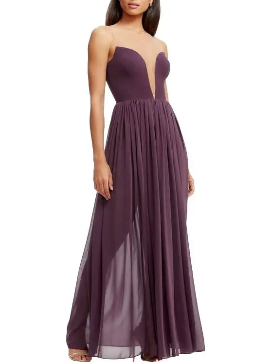 Dress The Population Eleanor Illusion Neck Gown - Midnight Plum