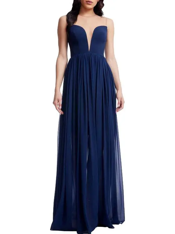 Dress The Population Eleanor Illusion Neck Gown - Navy