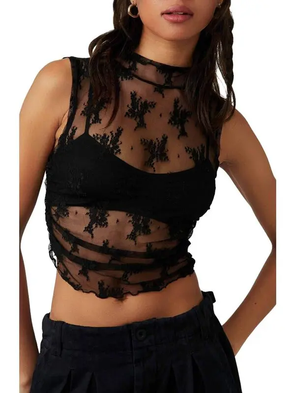 Free People Sheer Lace Tank - Black