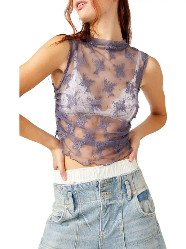 Free People Sheer Lace Tank - Blue Granite