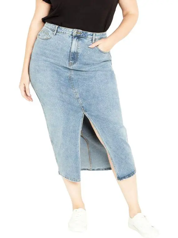 City Chic Front Slit Midi Denim Skirt - Mid Denim