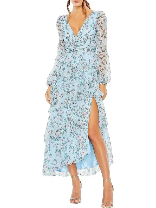 Mac Duggal Floral Chiffon Tiered Midi-dress - Aqua Multi