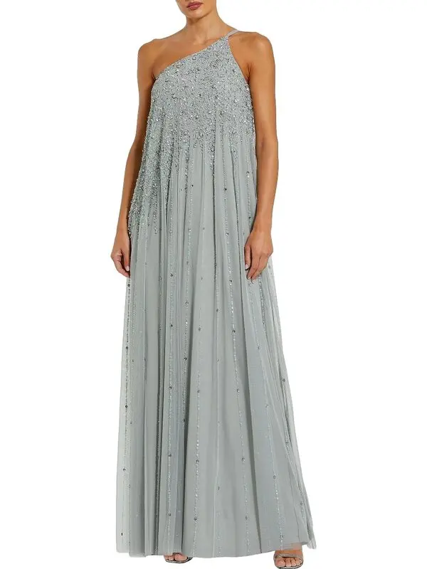 Mac Duggal One-shoulder Beaded Tulle Trapeze Gown - Sage