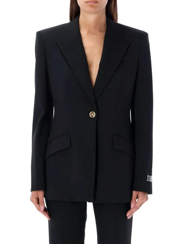 Versace Single-breasted Virgin Wool Blazer With Peak Lapels And Oversize Shoulders - Black