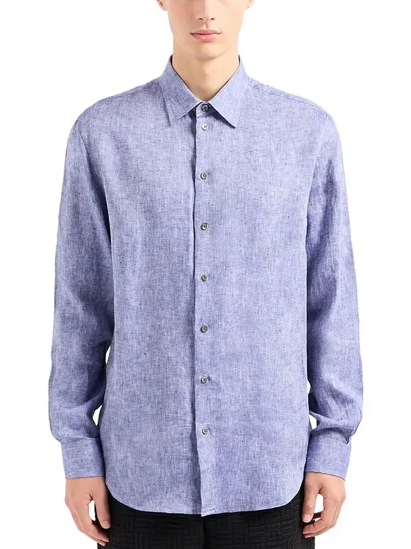 Emporio Armani Regular Fit Linen Chambray Sport Shirt - Blue