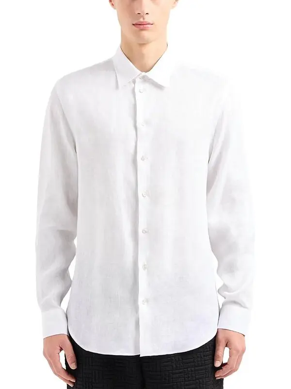 Emporio Armani Regular Fit Linen Chambray Sport Shirt - Solid White