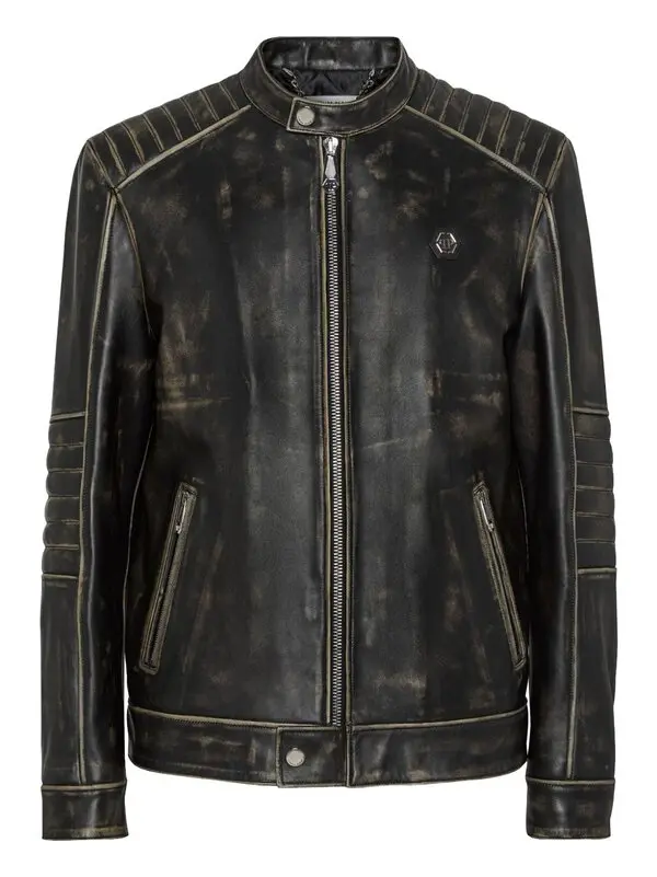 Philipp Plein Distressed Leather Moto Jacket - Black