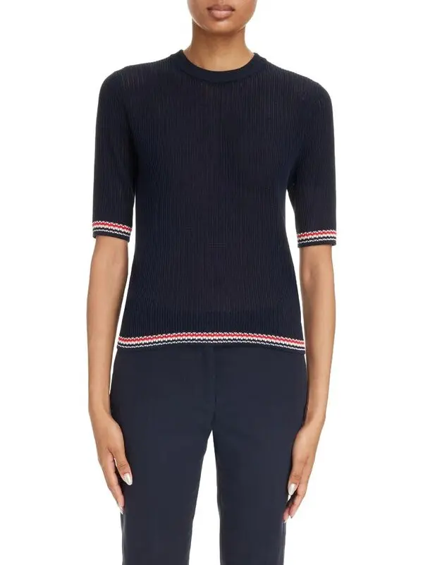Thom Browne Stripe Rib Cotton & Silk Sweater - Navy