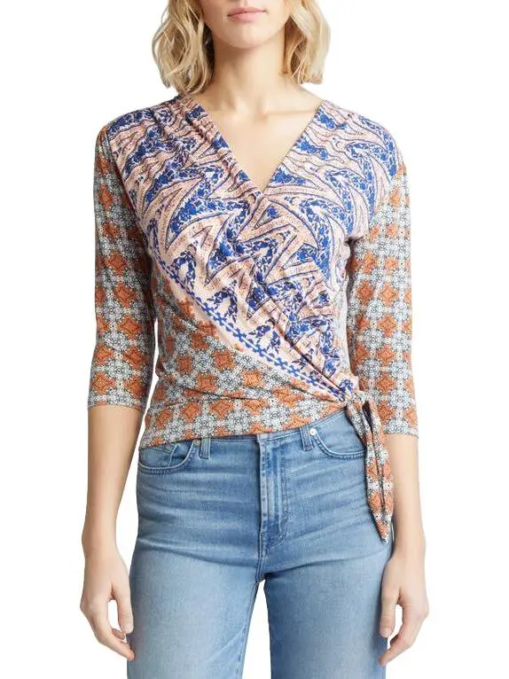 Loveappella Print Tie Waist Wrap Top - Blush