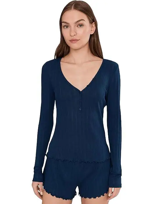Eberjey Pointelle V-neck Henley Pajama Top - Navy