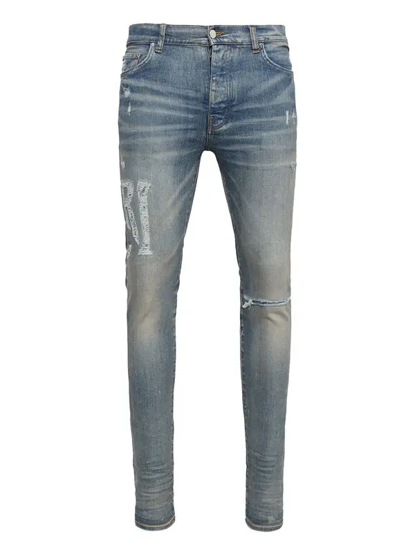 Amiri Distressed Logo Straight Leg Jean - Blue