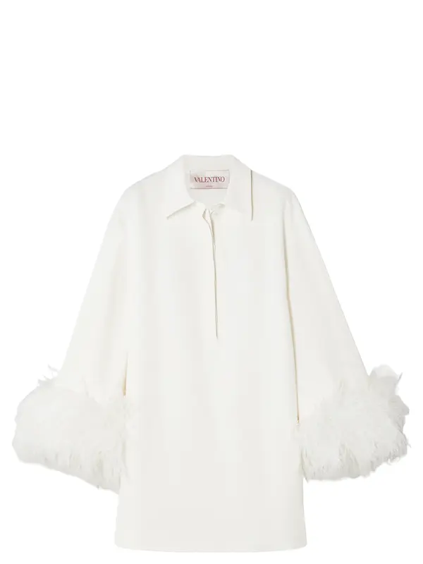 Valentino Garavani Feather-trimmed Silk-crepe Mini Shirt Dress - White