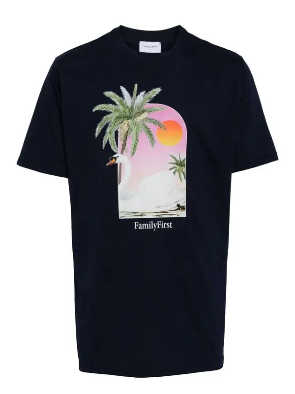 FAMILY FIRST Swan-print Cotton T-shirt - Blue