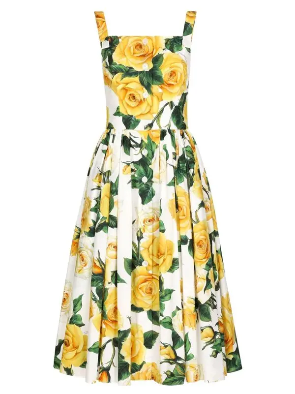Dolce & Gabbana Rose-print Cotton Midi Dress - White