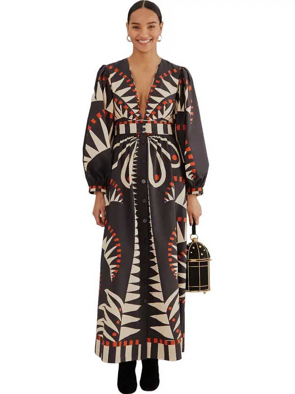 Farm Rio Black Coconut Grove Puff Sleeve Maxi Dress - Coconut Groove Black