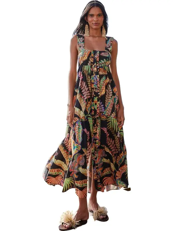 Farm Rio Printed Sleeveless Maxi Dress - Cool Foliage Black