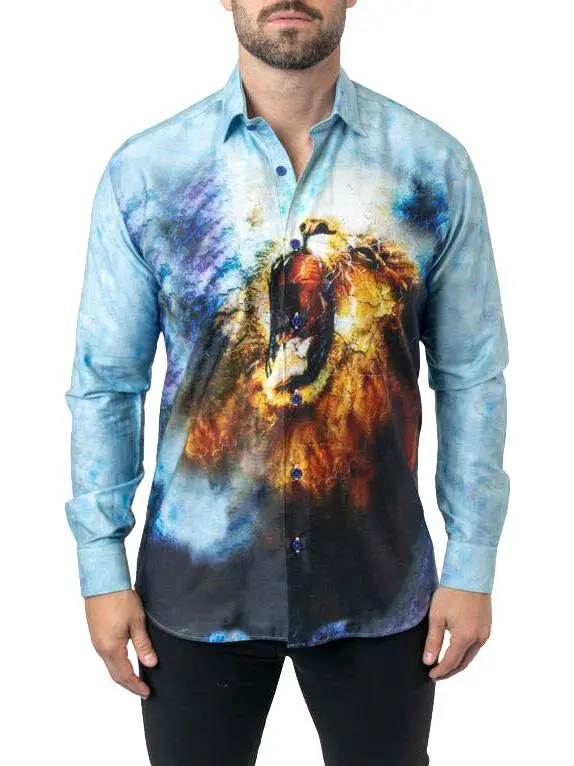 MACEOO Fibonacci Lionmozaic 06 Contemporary Fit Button-up Shirt - Blue